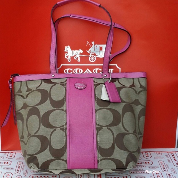 Coach | Bags | Coach Signature Stripe Tote Khakimulberry F295 | Poshmark